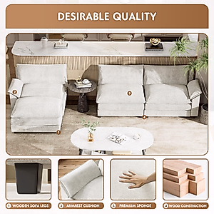 YESHOMY Sectional Modular Sofa L Shaped Chenille Fabric Couch with High Supportive & Soft Sponges and Removable Ottoman, Sleeper Comfy Upholstered Furniture for Living Room, White