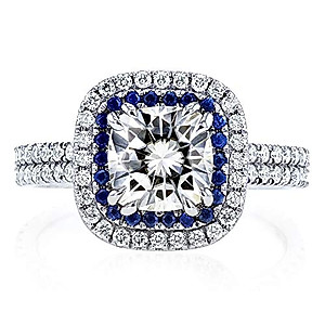 Kobelli 2 Carat TW Moissanite (GH) and Sapphire Cushion Halo Engagement Ring in 14k White Gold - Size 10