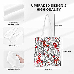 Canvas Tote Bag，Winter Holly Berries Candy Deer Christmas Reusable Large Shopping Shoulder Tote Bag For Women，Red Holiday Doodle Tree Art Blossom Leaf Nature White Beach Tote Bags Bulk For Work