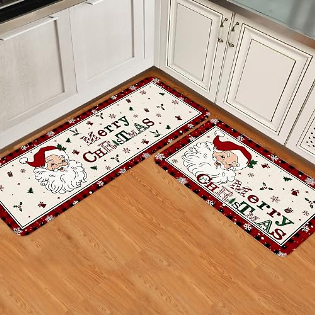 Prime Leader Merry Christmas Kitchen Mat Set 2 Pieces Cute Santa Claus Decor Red Black Buffalo Plaid Non Slip Kitchen Rugs Washable Runner Rug Mats for Kitchen Sink, 15.7" x 23.6"+15.7" x 47.2"