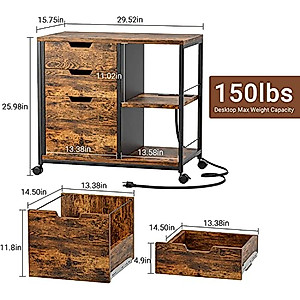 YaFiti Office File Cabinet, 3 Drawer Lateral Filing Cabinet with Socket and USB Charging Port, Printer Stand with Open Storage Shelves fits A4 or Letter Size, Rustic Brown