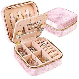 Fixwal Travel Plush Velvet Jewelry Box with Mirror Mini Jewelry Case for Women Girls Small Portable Organizer Boxes for Rings Earrings Necklaces Bracelet - Pink