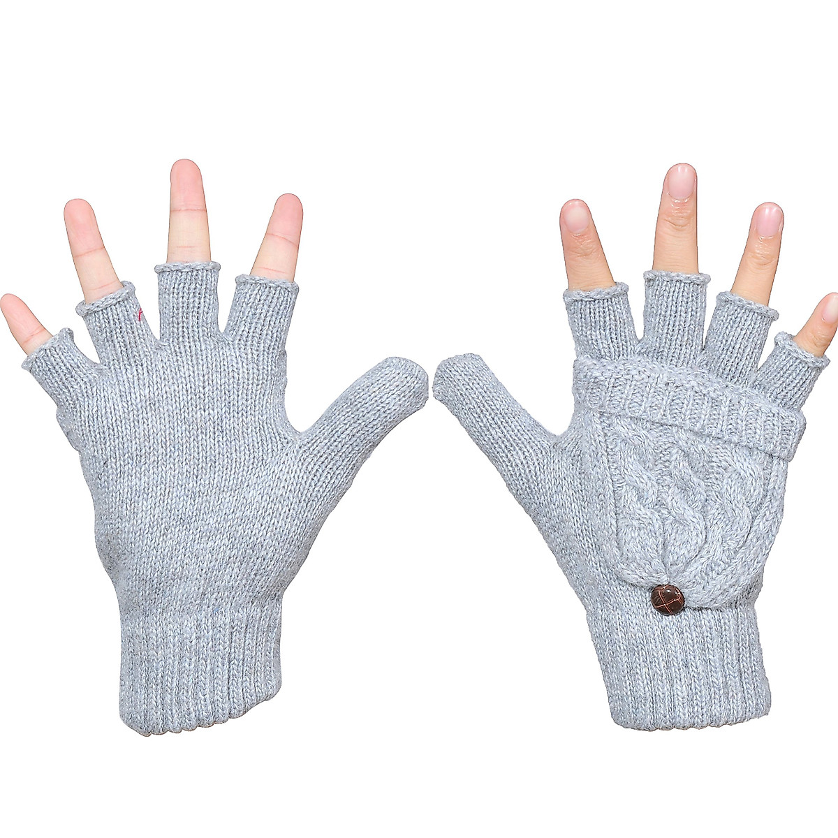 Beurlike Women's Winter Gloves Warm Wool Knitted Convertible Fingerless Mittens (Gray)