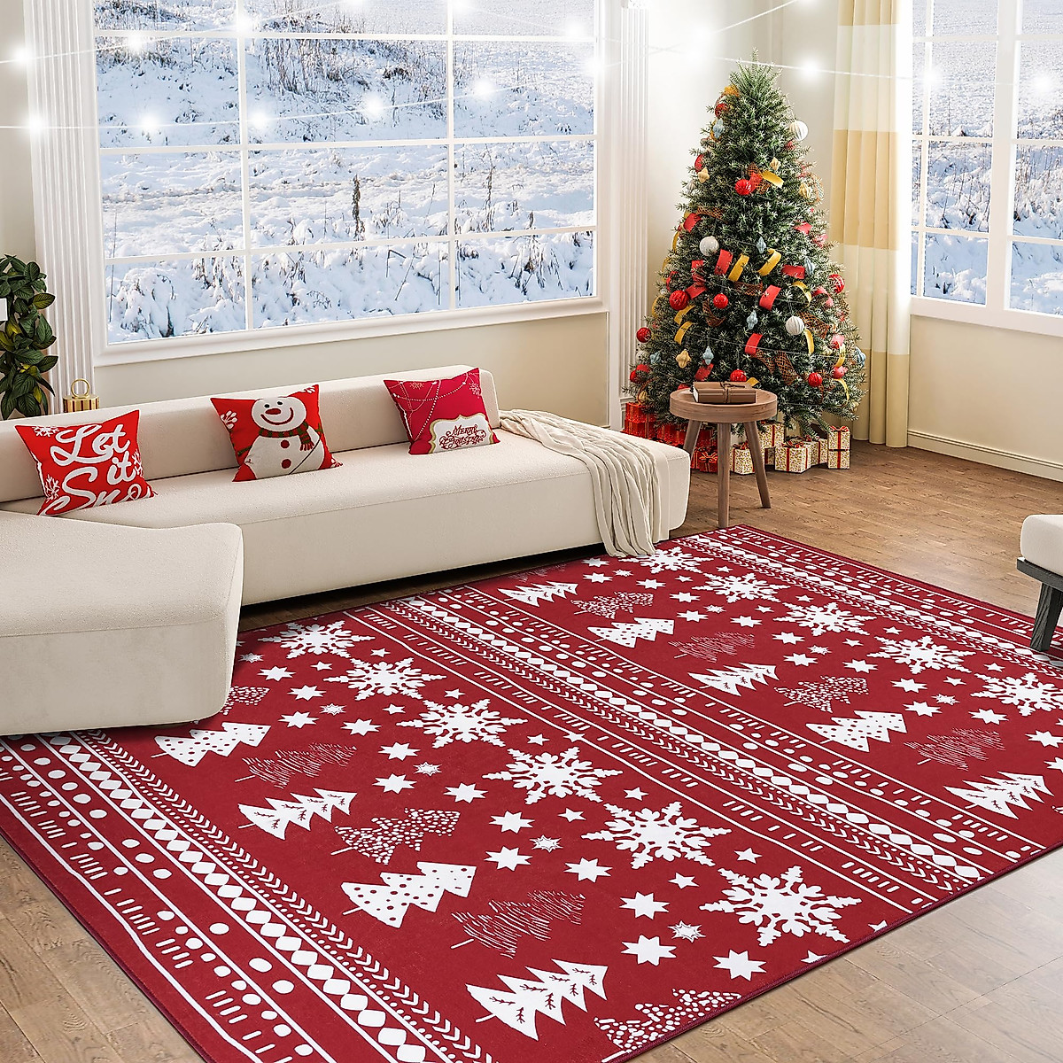 Auemtyn Area Rug, 8x10 Christmas Rug for Living Room, Christmas Area Rug with Non-Slip Backing, Stain Resistant Snowflake Rug for Bedroom,Ultra-Thin Washable Rug for Christmas Decor(8'x10', Red)