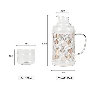 WONDER NEST Glass Pitcher with Lid - Bedside Water Carafe with Tumbler, Berverage Serveware Iced Tea Juice Milk Jug with Cup for Home Bedroom Nightstand (Coral Pattern)