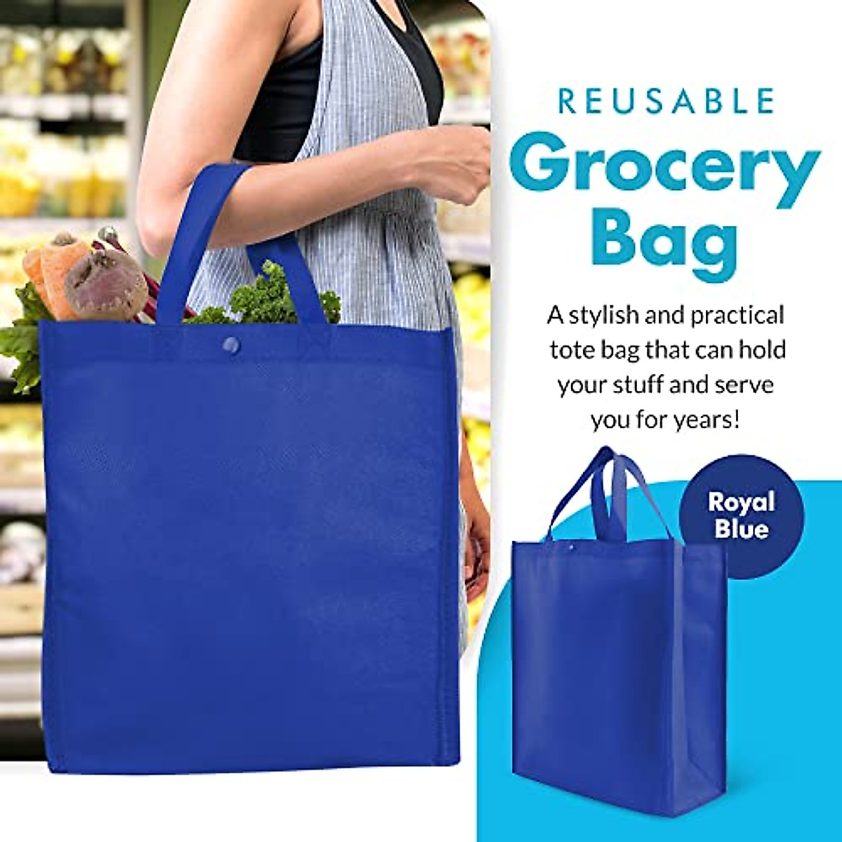 Simply Green Solutions - Reusable Grocery Bags, Durable Large Tote Bags, Shopping Bags for Groceries, Utility Tote, Reusable Gift Bags With Handles, 14 x 16.5 x 6, Pack of 10, Royal Blue