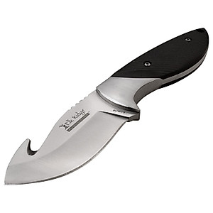 Elk Ridge Evolution - Outdoors Fixed Blade Hunting Knife - Satin Finish Drop Point Blade with Gut Hook, Black G10 Handle, and Leather Sheath - ERE-FIX014GH-BK
