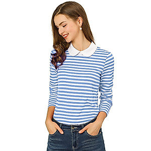 Allegra K Women's Contrast Collar Long Sleeves Peter Pan Collar Striped Blouse Top X-Large Light Blue