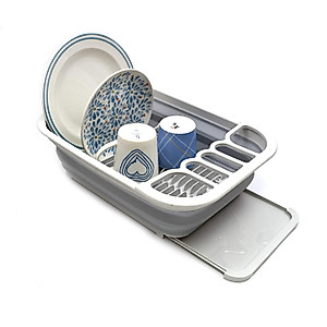 SAMMART 12L (3.17 Gallon) Collapsible Dish Drainer with Drainer Board - Foldable Drying Rack Set - Portable Dinnerware Organizer - Space Saving (Grey)