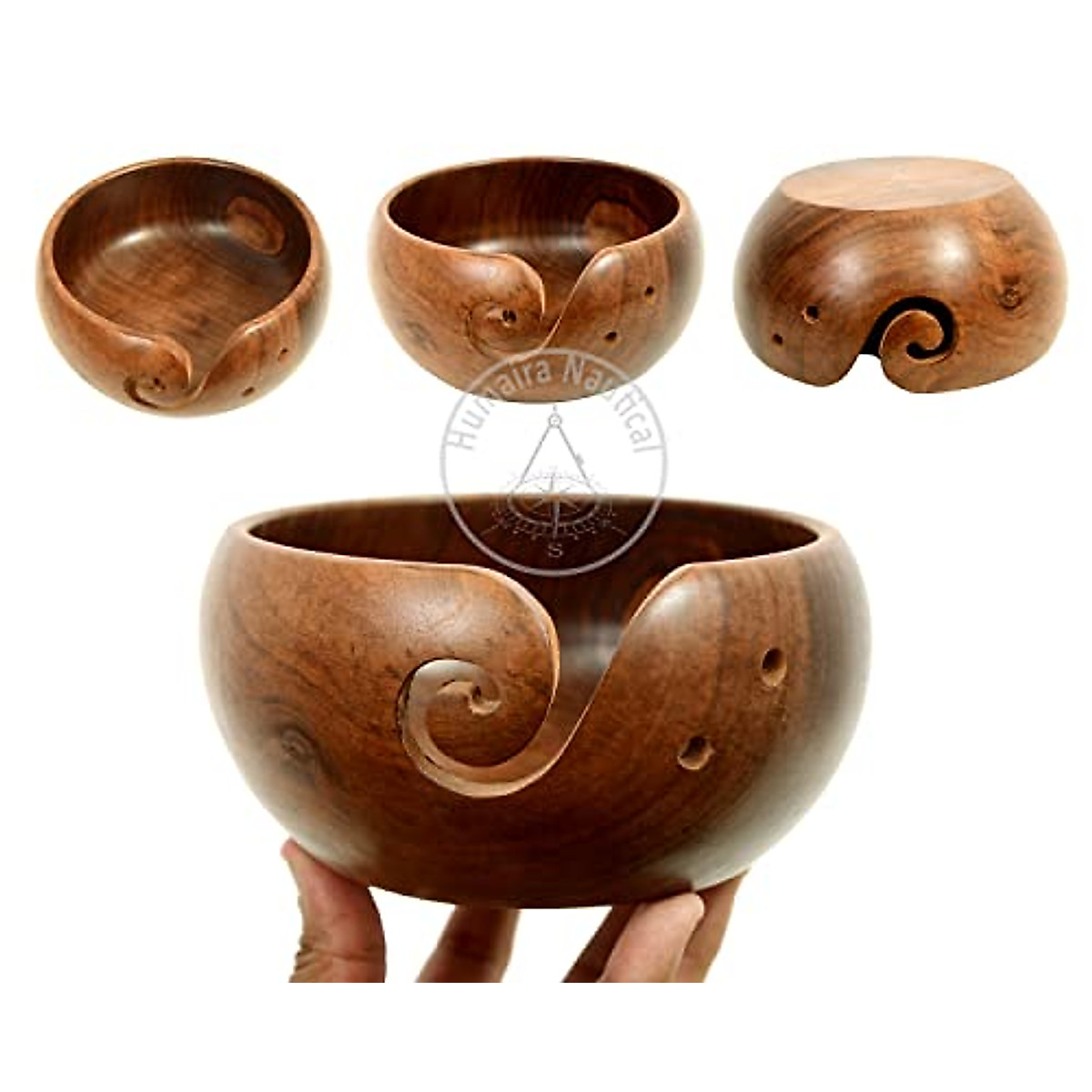 Humaira Nautical Wooden Yarn Bowl, Knitting Yarn Bowl with Holes Storage Handmade to Prevent Slipping Perfect Yarn Holder Bowl for Crocheting and Knitting Mothers Day Gift, DIY Crafts Tools