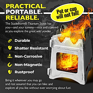 STADELHORN Titanium Minimalist Wood Stove Ultralight 100% Pure Titanium Portable & Foldable for Camping, Backpacking, Hiking, and Bushcraft Survival. Stronger and Lighter vs Steel, weighs only 7.3 oz.