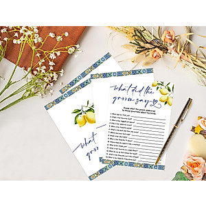 Blue Tiles and Lemons What Did the Groom Say Game for 30 Guests with Game Cards, Lemons Bridal Shower Game, Modern Bridal Shower Decorations, Wedding Shower or Bachelorette Party Supplies - 02
