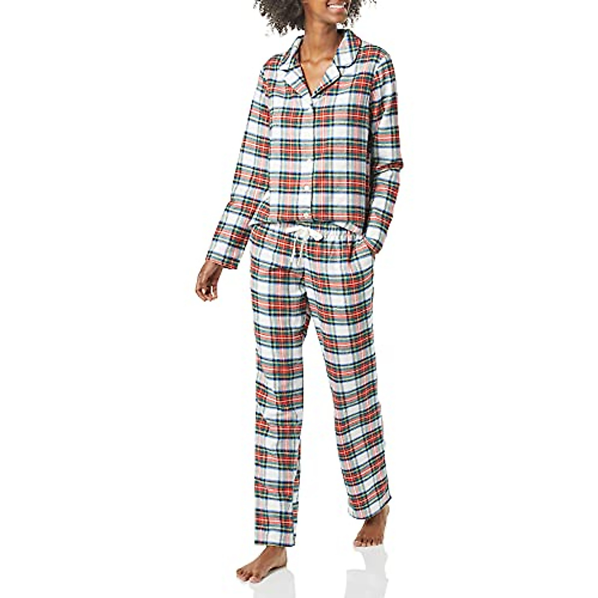 Amazon Essentials Women's Flannel Long-Sleeve Button Front Shirt and Pant Pajama Set, Red Tartan, Large