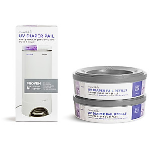 Munchkin® UV Diaper Pail #1 in Odor Control, LED UV Lights Kills 99% of Germs and Odor Causing Bacteria on Lid Surface, Includes 1 UV Snap, Seal & Toss™ Bag and 3 UV Refill Rings