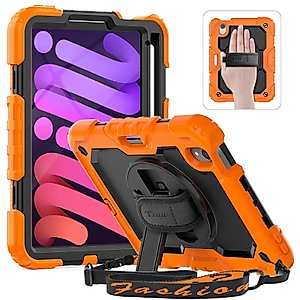timecity Case for iPad Mini 7th/6th Generation 2024/2021 8.3 inch, Full-body Protective Case for iPad Mini 7/ Mini 6 with Screen Protector Pencil Holder Swivel Stand Hand/Shoulder Strap Case- Orange