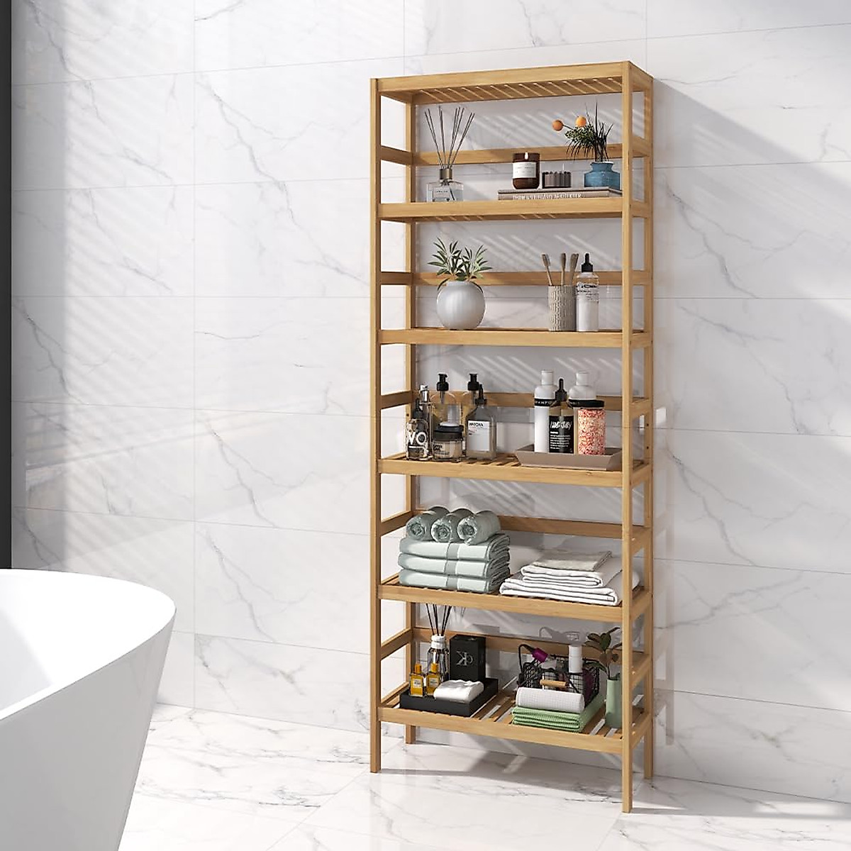 HLXZN 6 Tier Bamboo Freestanding Shelf Unit, Multifunctional Bookshelf Bookcase for Bathroom, Kitchen, Living Room, Office