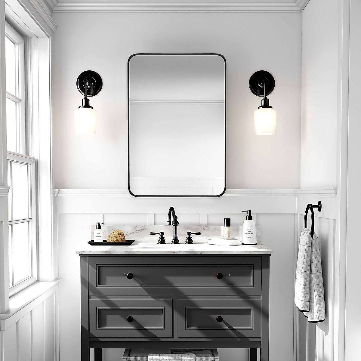 Minuover Bathroom Vanity Mirror for Wall, Brushed Black Metal Framed Large Rounded Corner Rectangular Mirror, Hangs Vertically or Horizontally (30" x 40", Black)