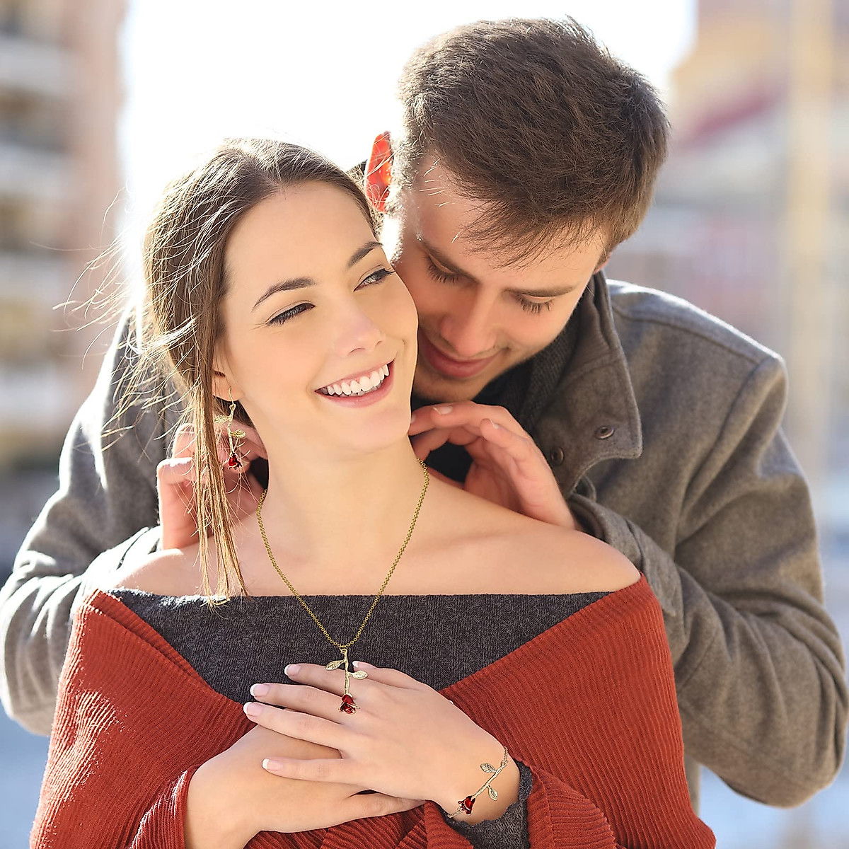 18K Gold Plated Jewelry Set Rose Necklace Bracelet Earrings Personalized Red Rose Flower Necklaces Aesthetic Chain Bracelet Beach Anklets Dangle Hook Earrings for Christmas Gift Girls Teen Women