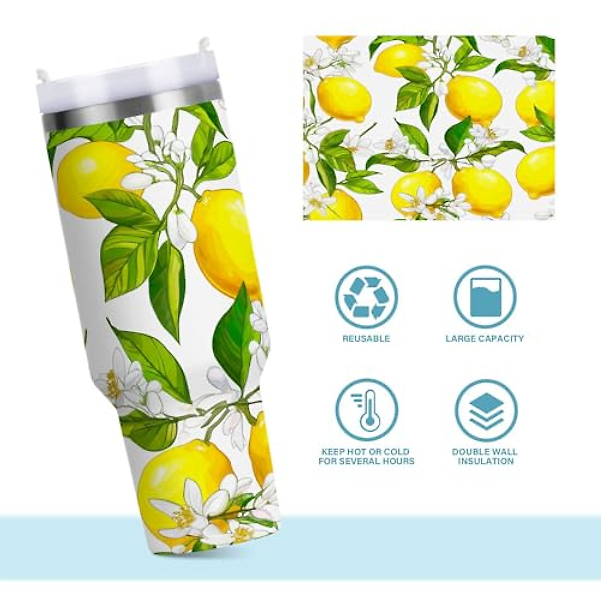 RPLIFE Bright Yellow Lemons White 40 Oz Tumbler, Stainless Steel Tumbler with Straw, Tumblers for Women