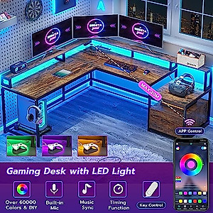 SEDETA L Shaped Desk, 66" with File Drawer & Power Outlet, Home Office Gaming Desk with Led Lights, Corner Computer Desk with Monitor Shelf, Printer Storage Shelves, Two Person Desk, Rustic Brown