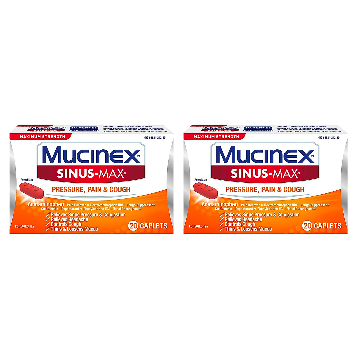 Mucinex Sinus-Max Pressure, Pain & Cough Max Strength-Sinus Pressure, Congestion & Headache Relief, Expectorant & Decongestant w/ Acetaminophen, Guaifenesin & Phenylephrine, 20 Count (Pack of 2)