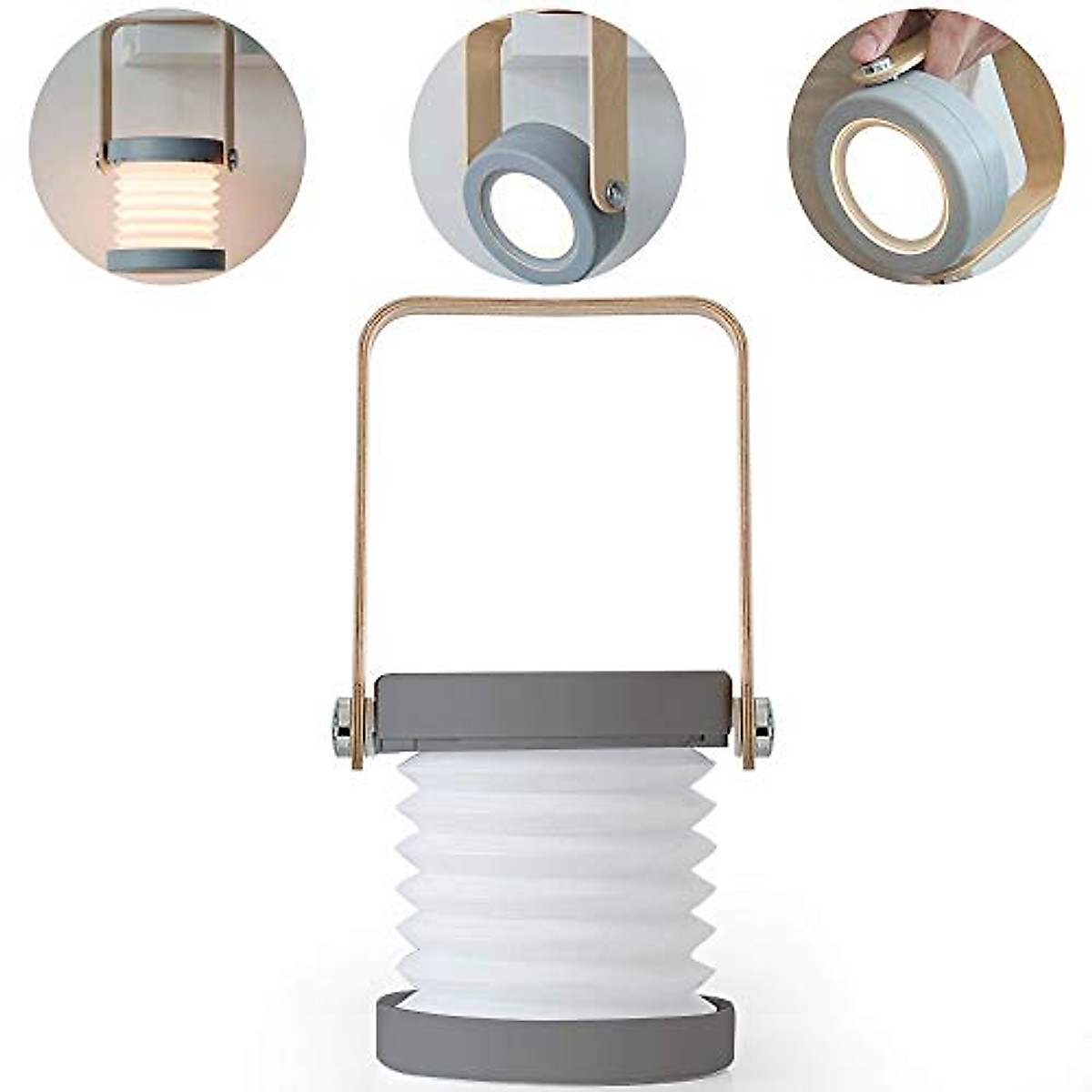 4-in-1 Foldable Table Lamp,USB Retractable LED Light,Wooden Handle Portable Lantern Light and Flashlight,Touch Control Dimmable 3 Level Brightness Night Light for Reading, Outdoor Camping (Grey)