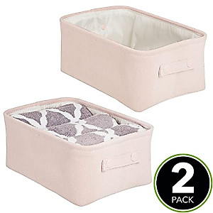 mDesign Soft Cotton Fabric Closet Storage Organizer Bin Basket with Lined Interior and Attached Carrying Handles for Bathroom Vanity, Cabinet, Shelf, Countertop - Wide, 2 Pack - Light Pink/Blush