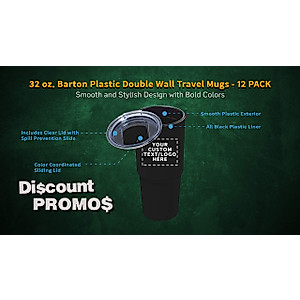 Personalized 32 oz. Barton Plastic Double Wall Travel Mugs - 12 Pack - Custom Text, Logo - Black