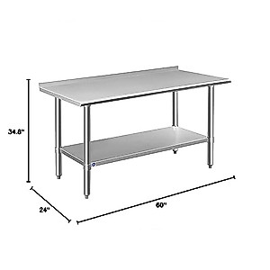 ROCKPOINT Stainless Steel Table for Prep & Work with Backsplash 60x24 Inches, NSF Metal Commercial Kitchen Table with Adjustable Under Shelf and Table Foot for Restaurant, Home and Hotel