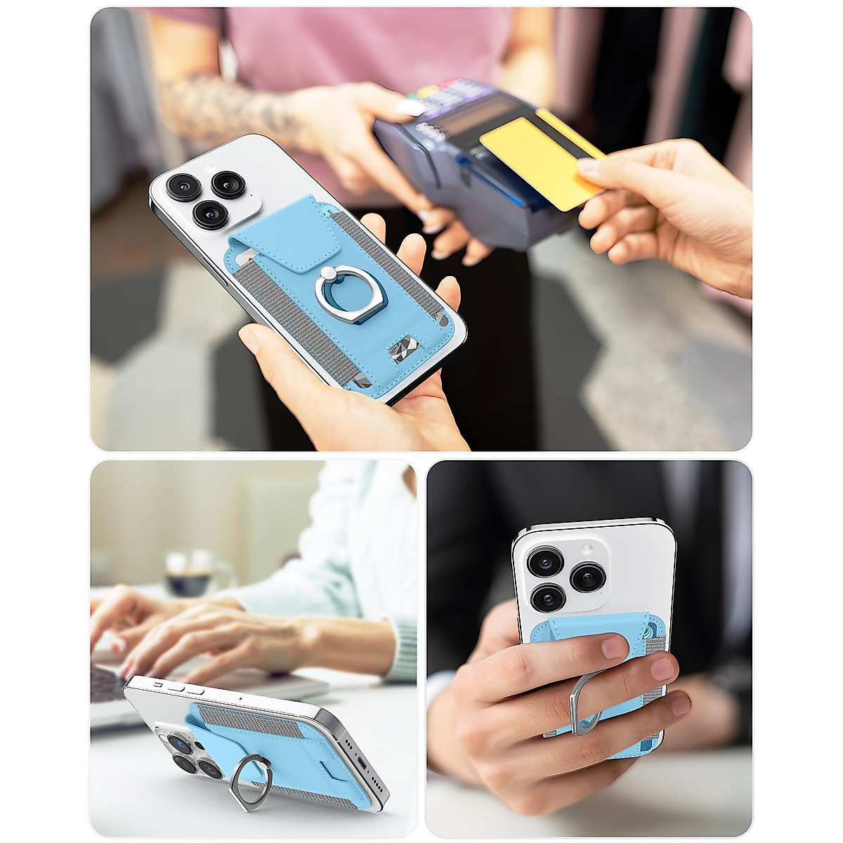 Amzone Magnetic Wallet with Card Holder, Compatible with Mag-Safe Wallet, Leather Card Holder, Wallet with Phone Ring for iPhone 15/14/13/12 Series, 7 Cards Holder (Light Blue)