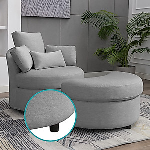 BALUS Modern Swivel Accent Barrel Sofa Chair, with Half Moon Storage Ottoman, Linen Fabric Leisure Round Chair,Sofa Lounge Chair with 3 Throw Pillow for Living Room Hotel/Club (Light Grey)