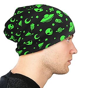 JZDACH Slouchy Men's Cool Beanie Slouch Cap Baggy Hip-Hop Winter for Green Alien Moon Spaceships Planet Black Hat Winter Hats for Men and Women Warm Daily Lightweight Cap