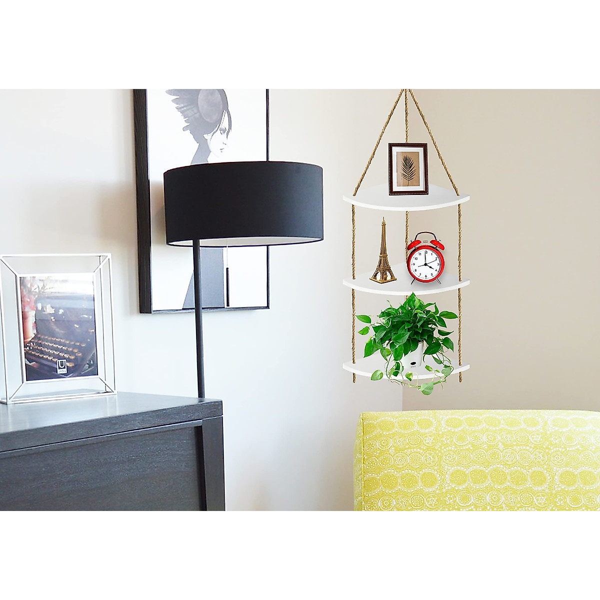 Tirzah 3-Tier Hanging Wall Corner Shelf with Rope, 9 inches White Real Wood Circular Sector Floating Shelf for Home Decor, Kitchen Organizer