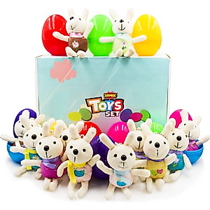 CAKKA Easter Eggs with Toys Inside, 12 Pack Prefilled Easter Eggs with Bunny Animal Plush, 3” Pre Filled Plastic Easter Eggs, Easter Fillers Stuffers Toys for Toddlers 1-3 Baby Girls