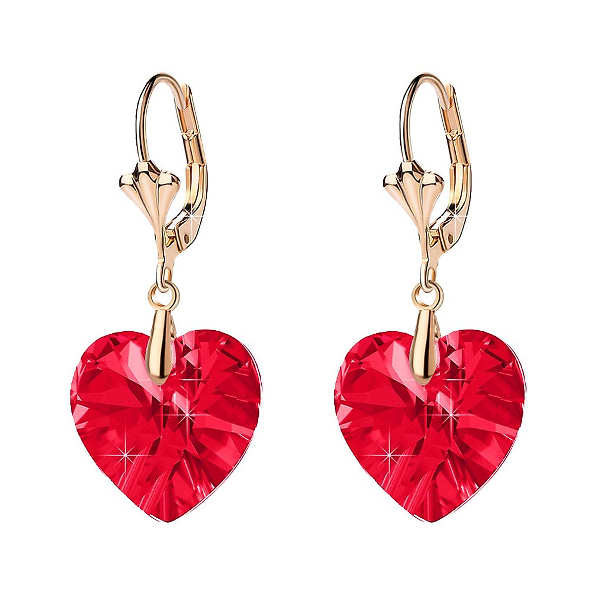 Austrian Crystal Heart Drop Leverback Earrings for Women Fashion Dangle Earring 14K Rose Gold Plated Hypoallergenic Jewelry (Red)