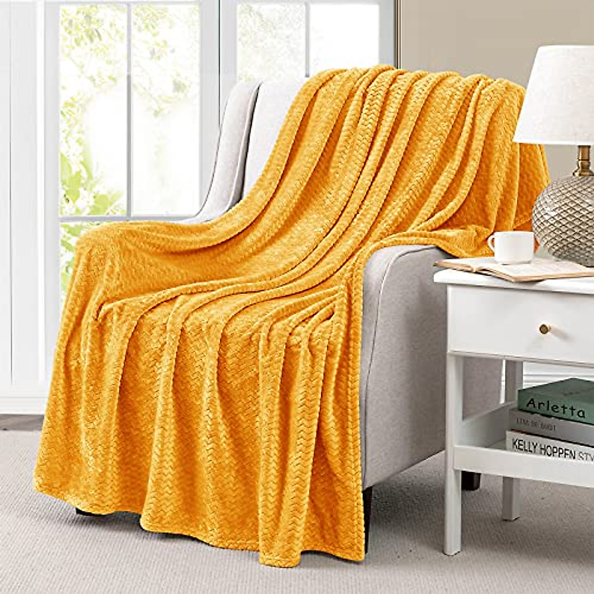 Whale Flotilla Fleece Throw Blanket for Couch with Plush Chevron Pattern, Decorative Soft Fluffy Throw Blanket for Sofa, Cozy and Lightweight, Mustard Yellow, 50x70 Inch