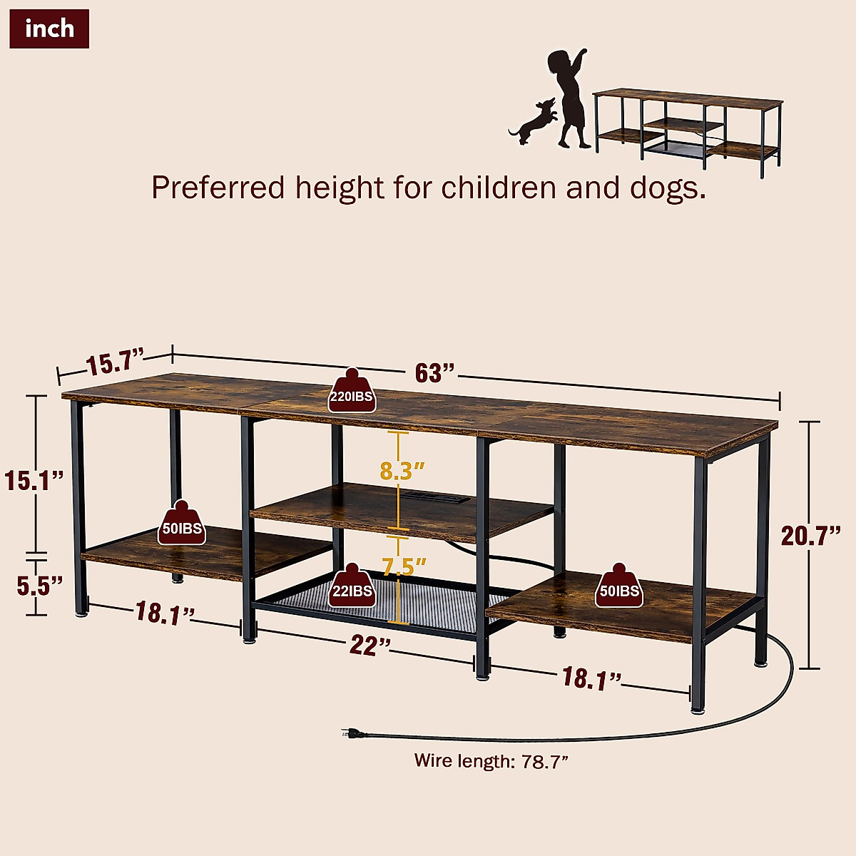 Entrintou TV Stand with Power Outlet for 55/65/70/75 inch TVs, TV Console Table with Open Storage Shelves, 3-Tier Industrial Entertainment Center, Wood TV Stand for Living Room, Bedroom, Brown Black