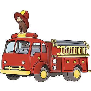 7 Inch Curious George Firetruck Fireman Monkey Animal Removable Peel Self Stick Adhesive Vinyl Decorative Wall Decal Sticker Art Kids Room Home Decor Girl Boy Children Bedroom Nursery 7 1/2 x 6 inches