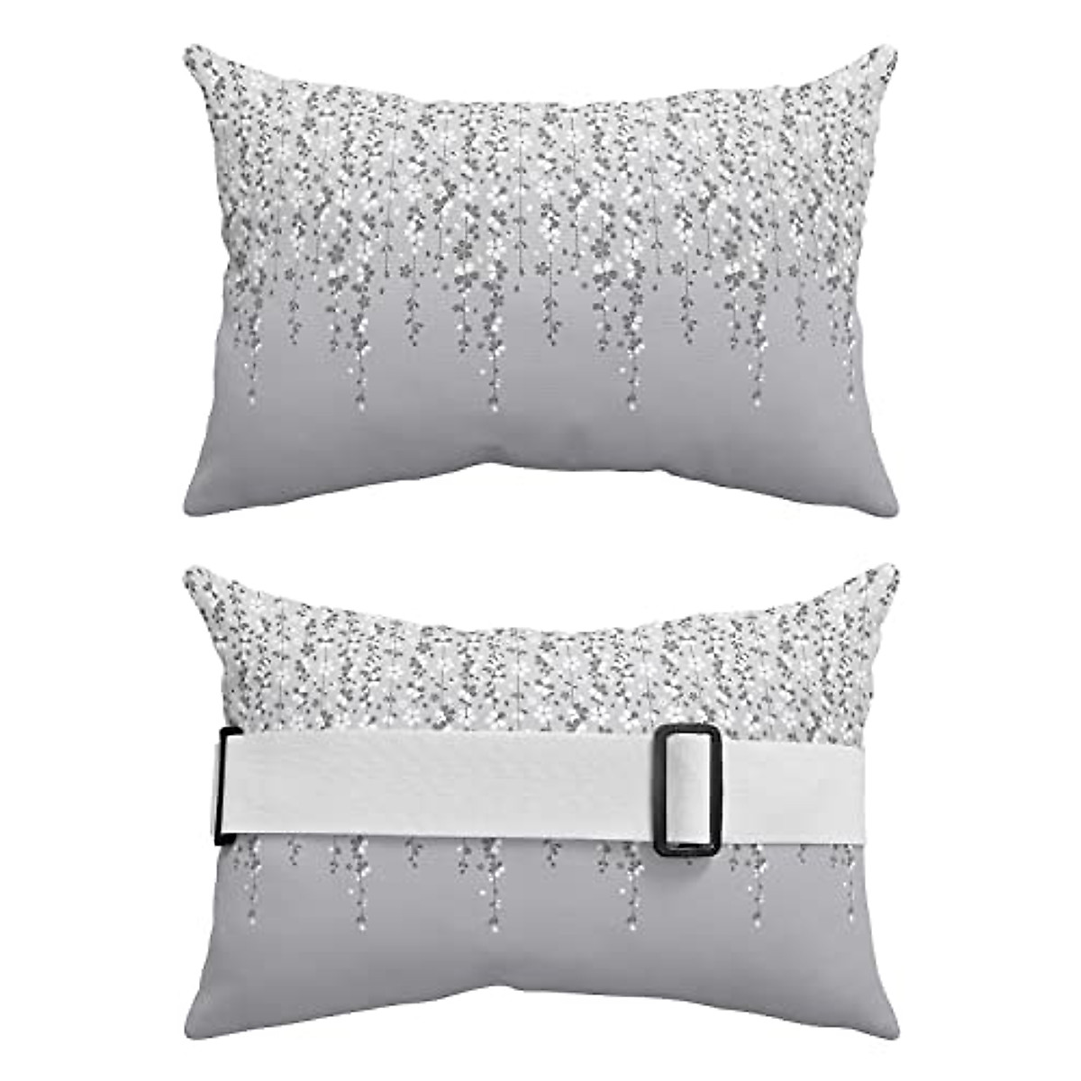 Recliner Head Pillow Ledge Loungers Chair Pillows with Insert Spring Cherry Blossom Grey White Gradient Lumbar Pillow with Adjustable Strap Outdoor Waterproof Patio Pillows for Beach Pool, 2 PCS