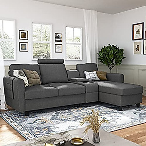 HONBAY Convertible Sectional Couch L Shape Sofa with Chaise Modern Fabric Sectional Sofa with Cup Holders L Shaped Couch for Living Room, Dark Grey