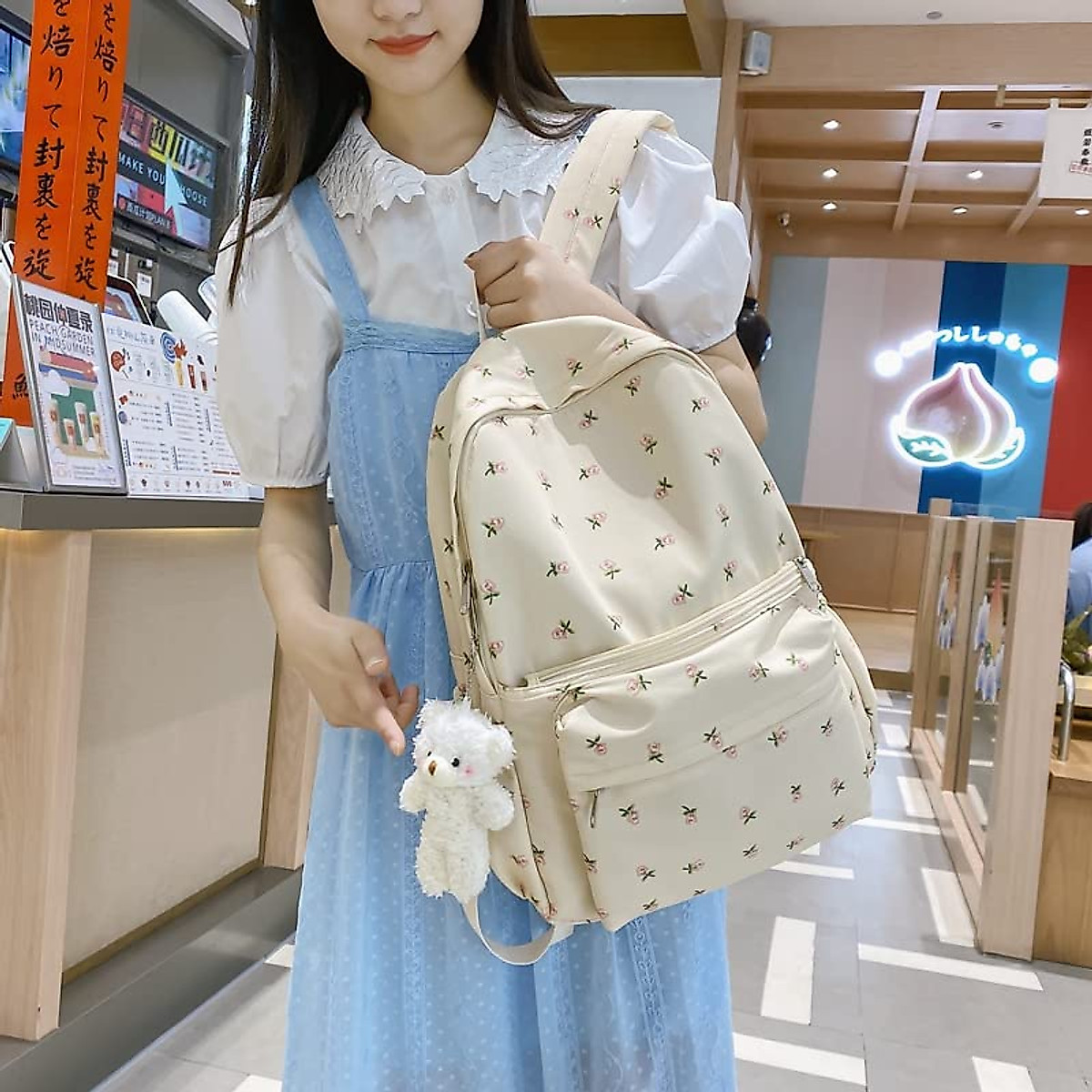 ZHHUIZ Kawaii Backpack Flower Backpack with Bear Pendant, Aesthetic School Bag Bookbag Japanese Ita Bags Cute Daypack (White), One Size