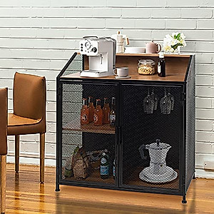NSdirect Metal Coffee Bar Storage Cabinet, Industrial Bar Cabinet with Metal Mesh Doors, Coffee Bar Sideboard for Wines and Liquors, 33 Inch, with Wine Rack