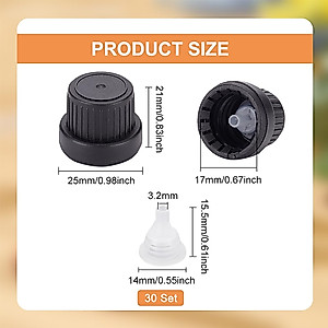 BENECREAT 30 Set Black Boston Bottle Cap, 18mm 18 Tooth Plastic Replacement Bottle Cap with Hopper Inner Plug for Essential Oil Bottle and Reagent Bottle