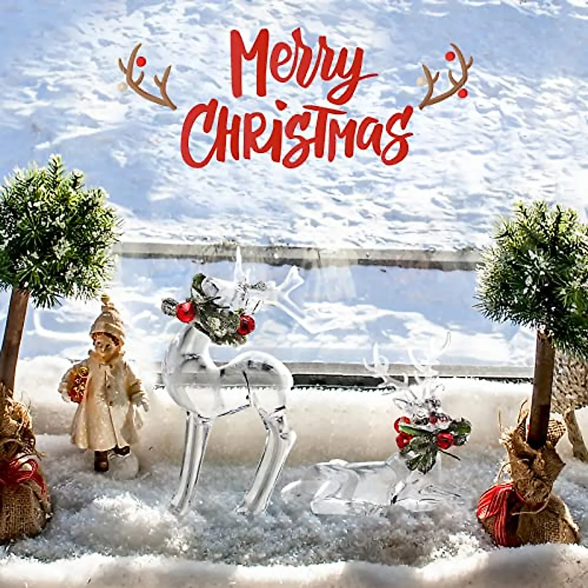 Queekay 2 Pcs Acrylic Christmas Reindeer Ornaments Clear Deer Figurine and Reindeer Table Top Decorations Holiday Table Centerpiece（Pretty Style）