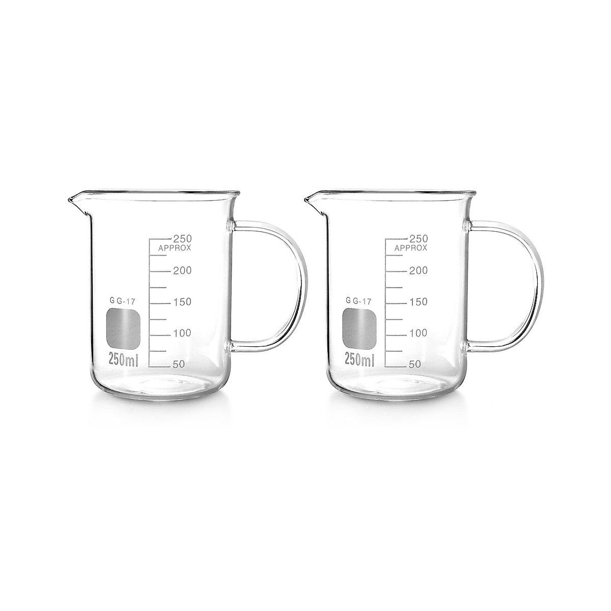 QWORK Beaker with Handle, 250ml/8.45oz, Measuring Cup, Borosilicate Glass, Beaker Mug with Pouring Spout, 2 Pack