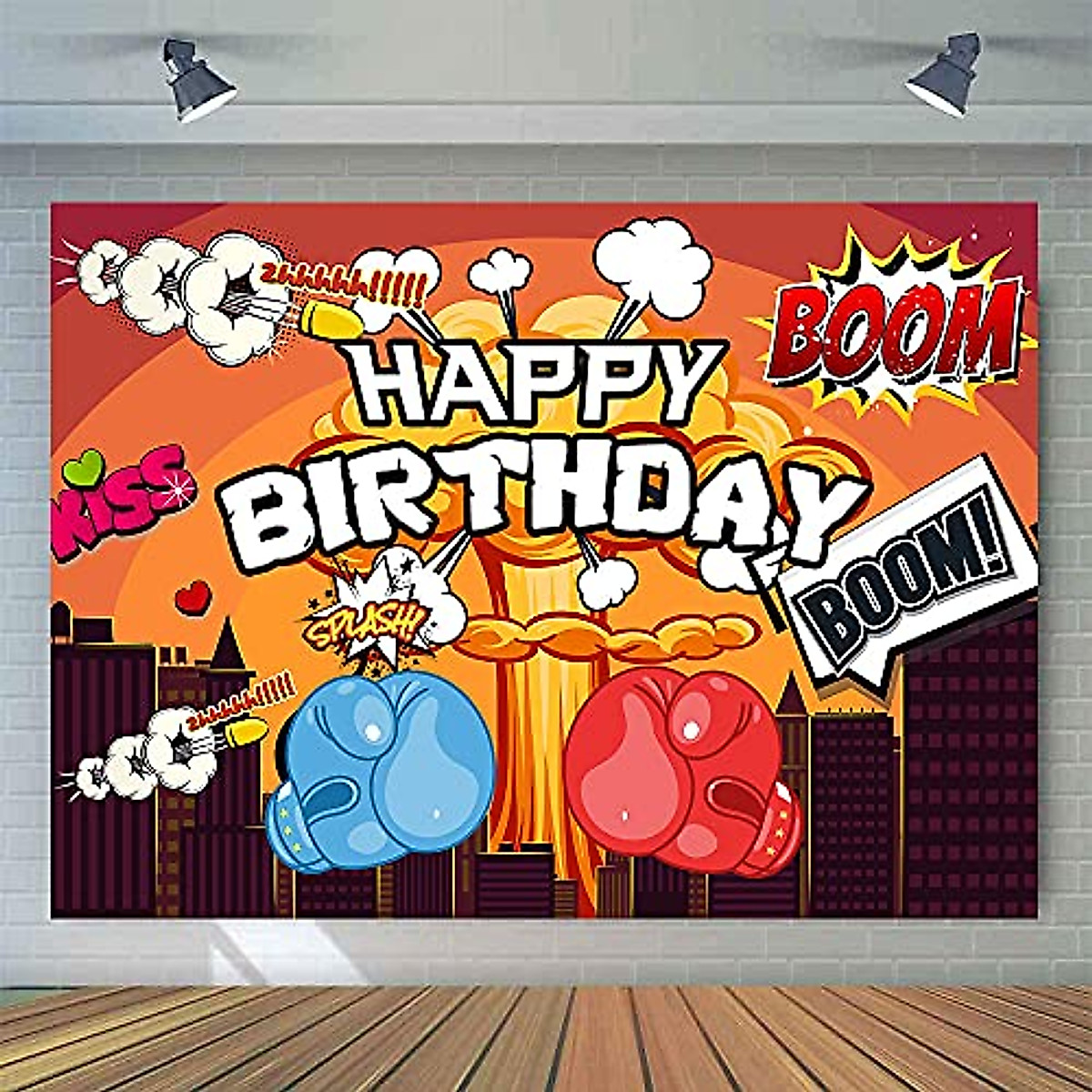EMTOBT Happy Birthday Backdrop Superhero City Boom Background Red and Blue Boxing for Boy Gift Childen Happy Birthday Party Decorating 7x5FT Banner Photo Booth Props Room Decor Supplies BJWHEM562