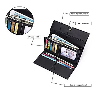 Wallet for Women RFID Blocking Credit Card Holder Phone Checkbook Storage Bag Zipper Coin Purse Leaf Pendant (Black, Large),Sd-168