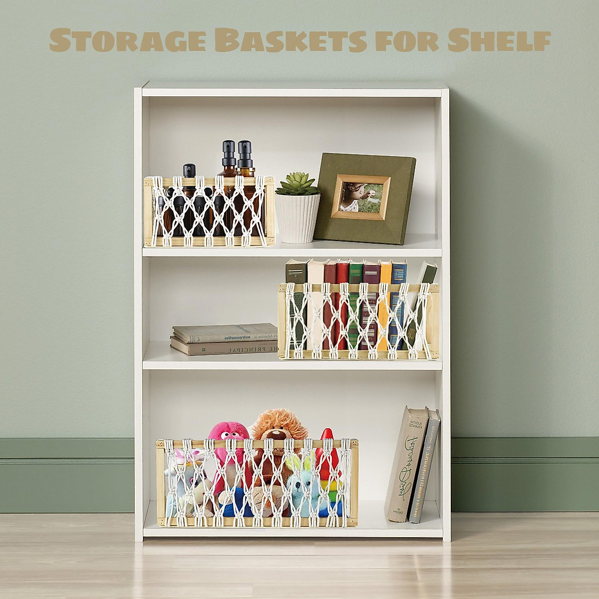 Wongblee Macrame Storage Baskets Set of 3, Decorative Wood Baskets, Nesting Organizer Boxes for Shelves, Boho Room Décor