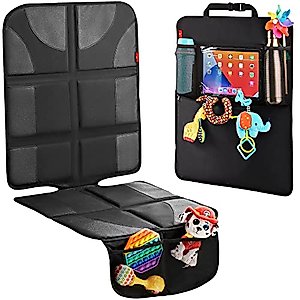 Helteko Car Seat Protector with Thickest Padding + Backseat Car Organizer, XL Largest Car Seat Cover for Child Baby Carseat, Kick Mat Back Seat w/Storage Pockets, Waterproof & Durable 600D Fabric