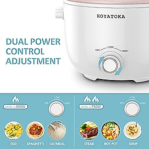 Hoyatoka Electric Hot Pot, 2L Portable Non-Stick Electric Cooker with Steamer, Multifunction Mini Electric Pot Ramen Cooker for Sauté, Stir Fry, Steak, Eggs, Oatmeal, Ramen, Soup, Electric Skillet with Dual Power Control for Dorm and Office, White